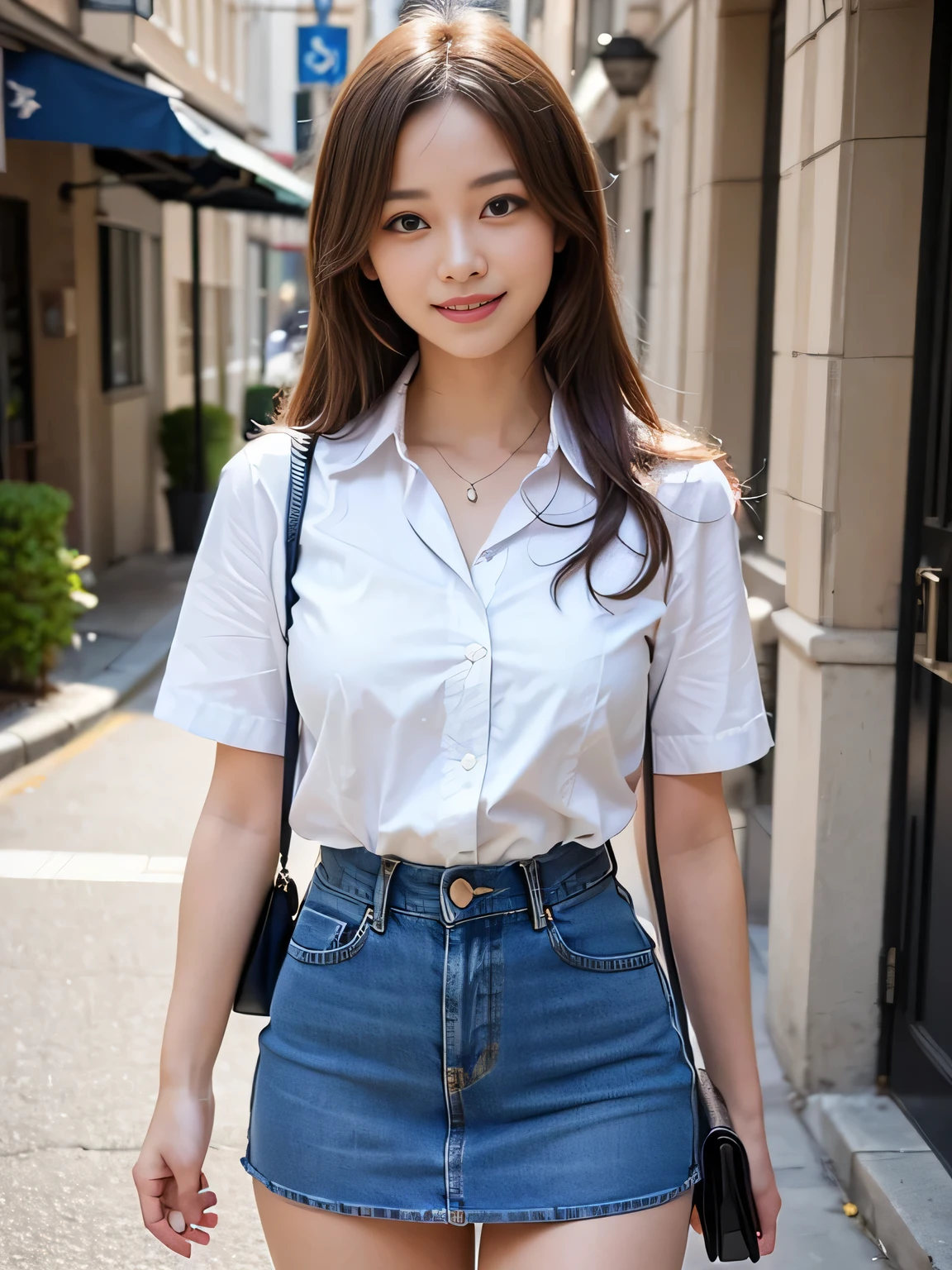 Araffe asian woman in a short skirt and white shirt walking down a street - SeaArt AI