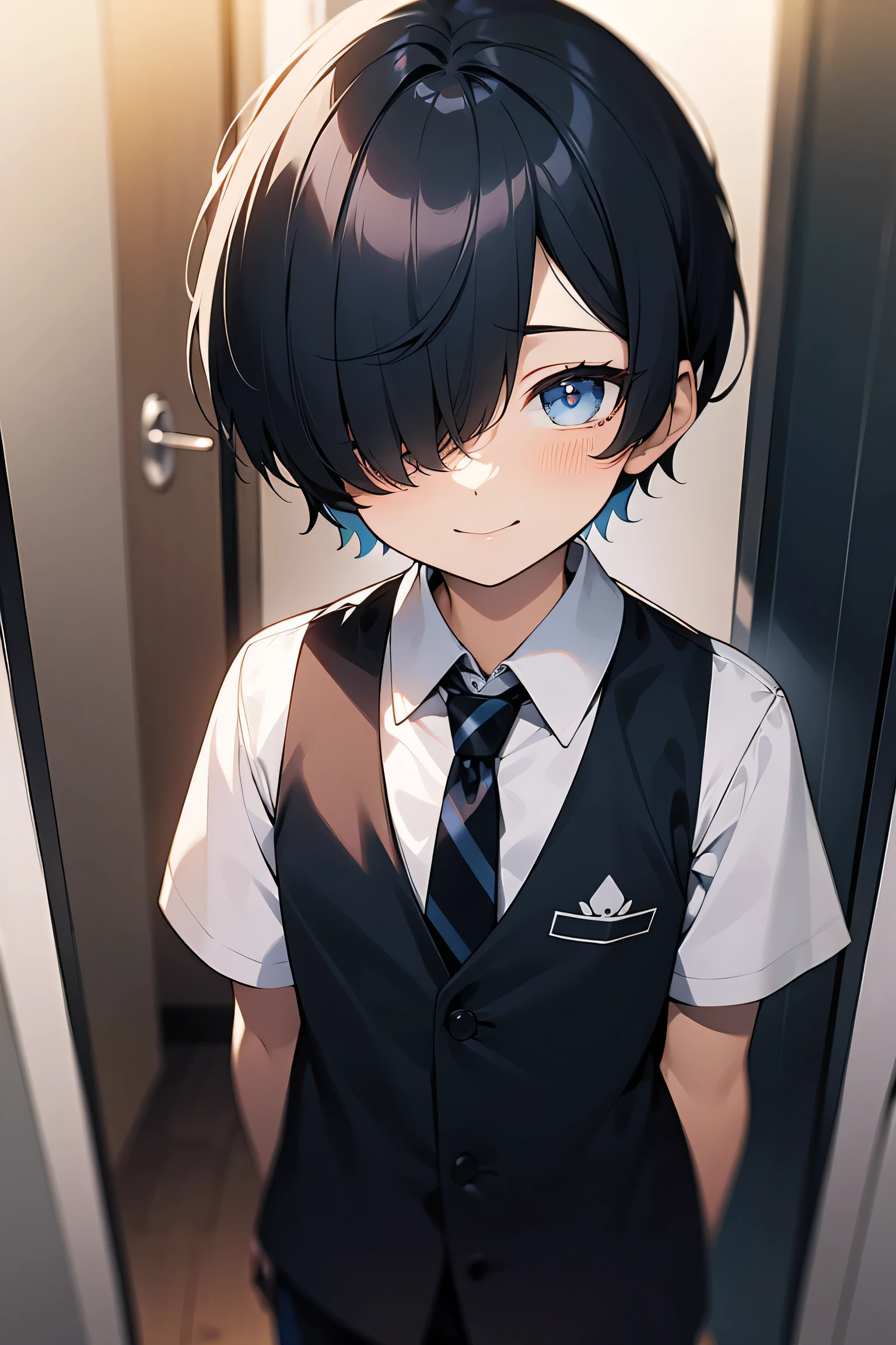 Anime boy in a school uniform standing in a hallway - SeaArt AI
