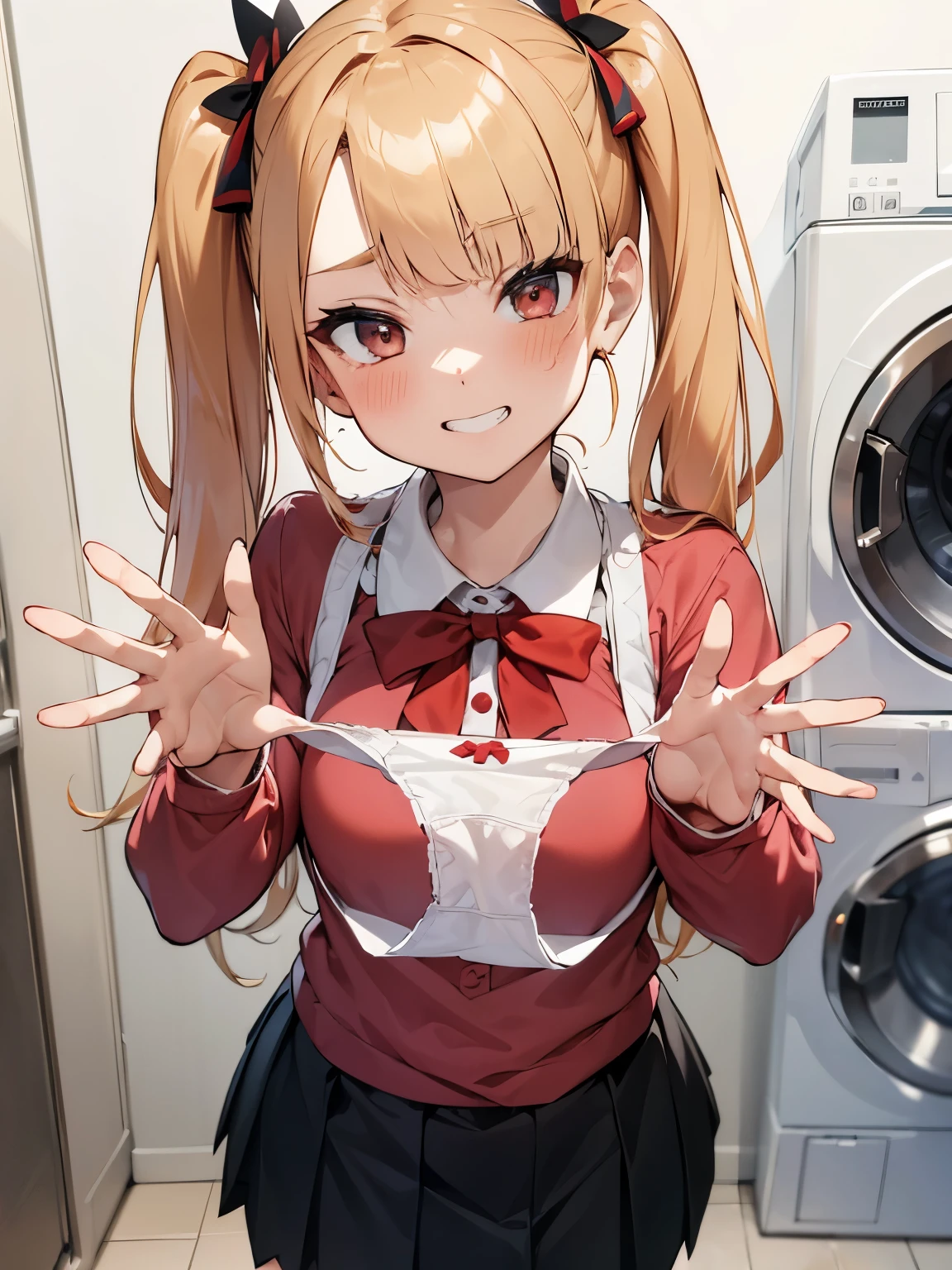 Anime girl with pigtails and a red shirt posing in front of a washing ...