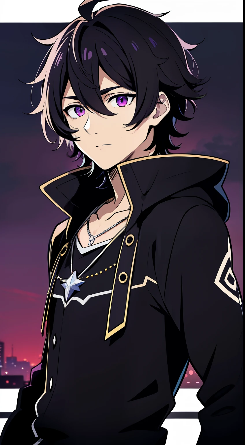 A cartoon image of a man with purple eyes and a black jacket - SeaArt AI