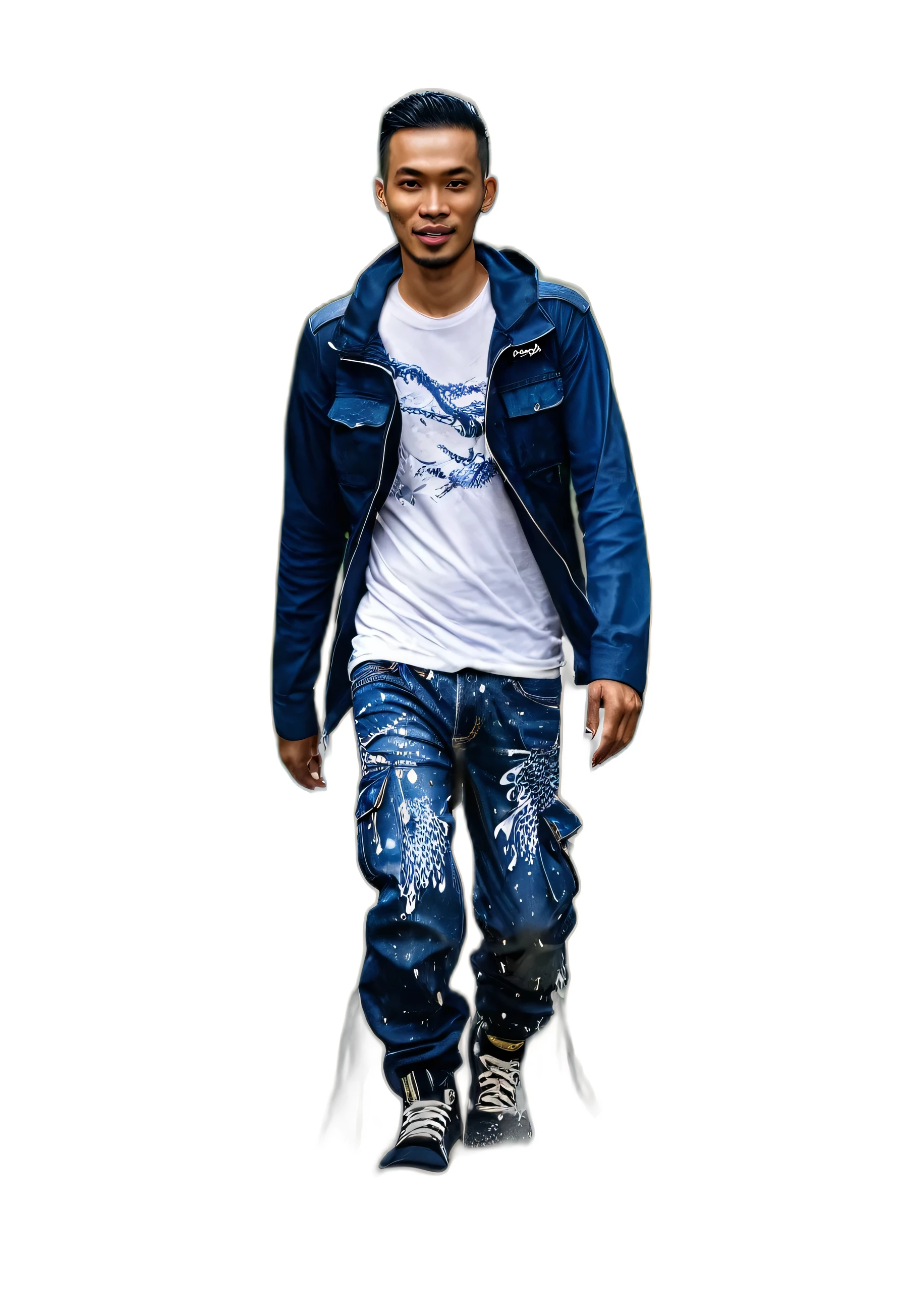 Arafed man walking down a street wearing a blue jacket and jeans - SeaArt AI