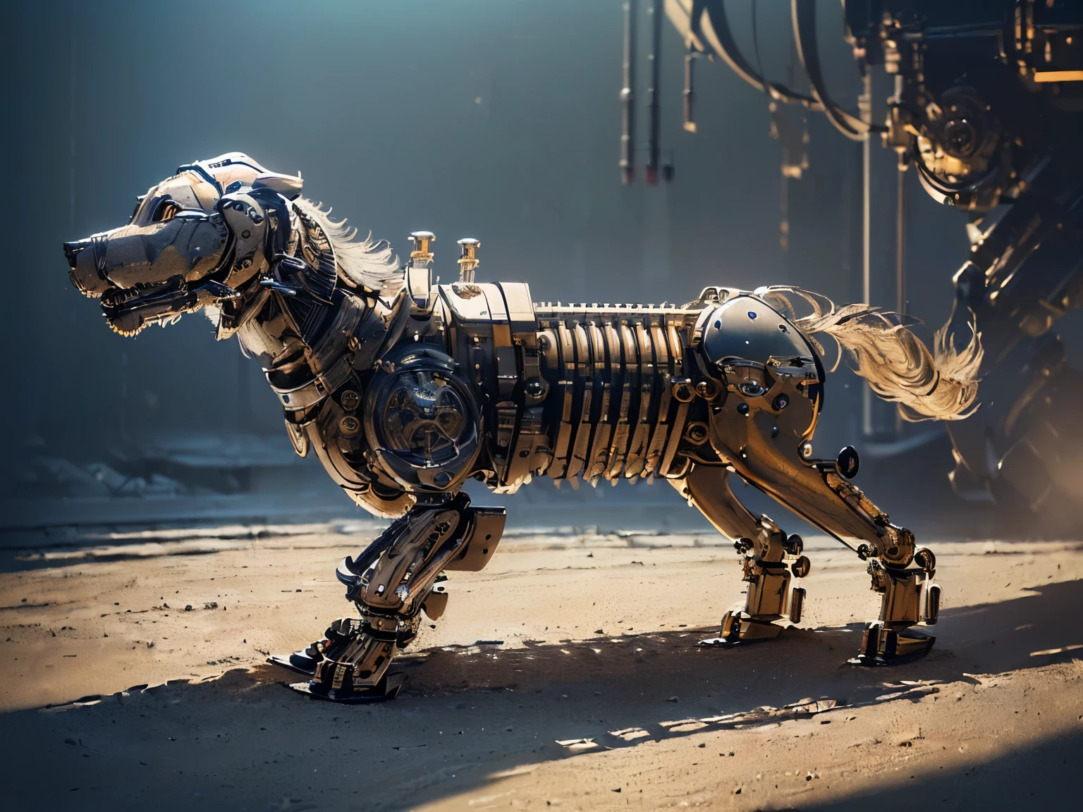 There is a metal dog that is standing on a sidewalk - SeaArt AI