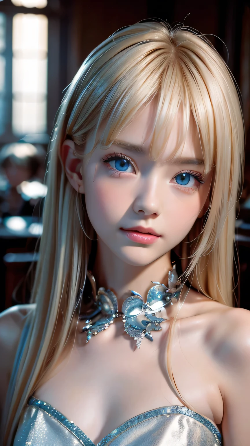 A Close Up Of A Woman With Long Blonde Hair Wearing A Silver Dress Seaart Ai