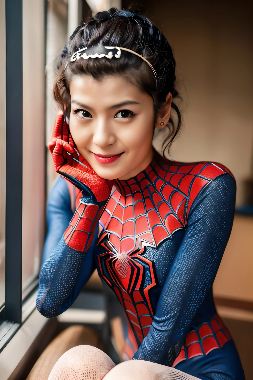 スパイダーマンのコスチュームを着た女性が写真を撮る Seaart Ai