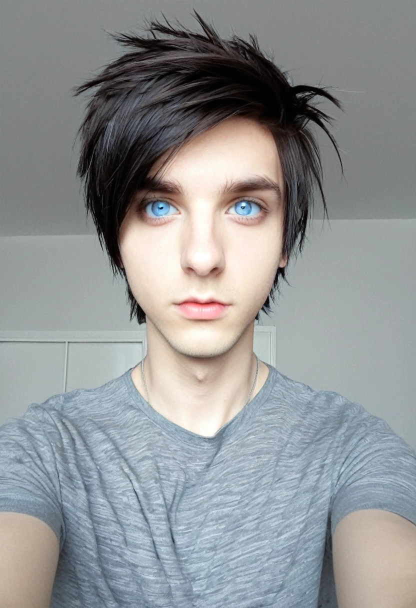 El es un chico emo, Tez blanca, delgado, gray blue eyes, Dark brown ...