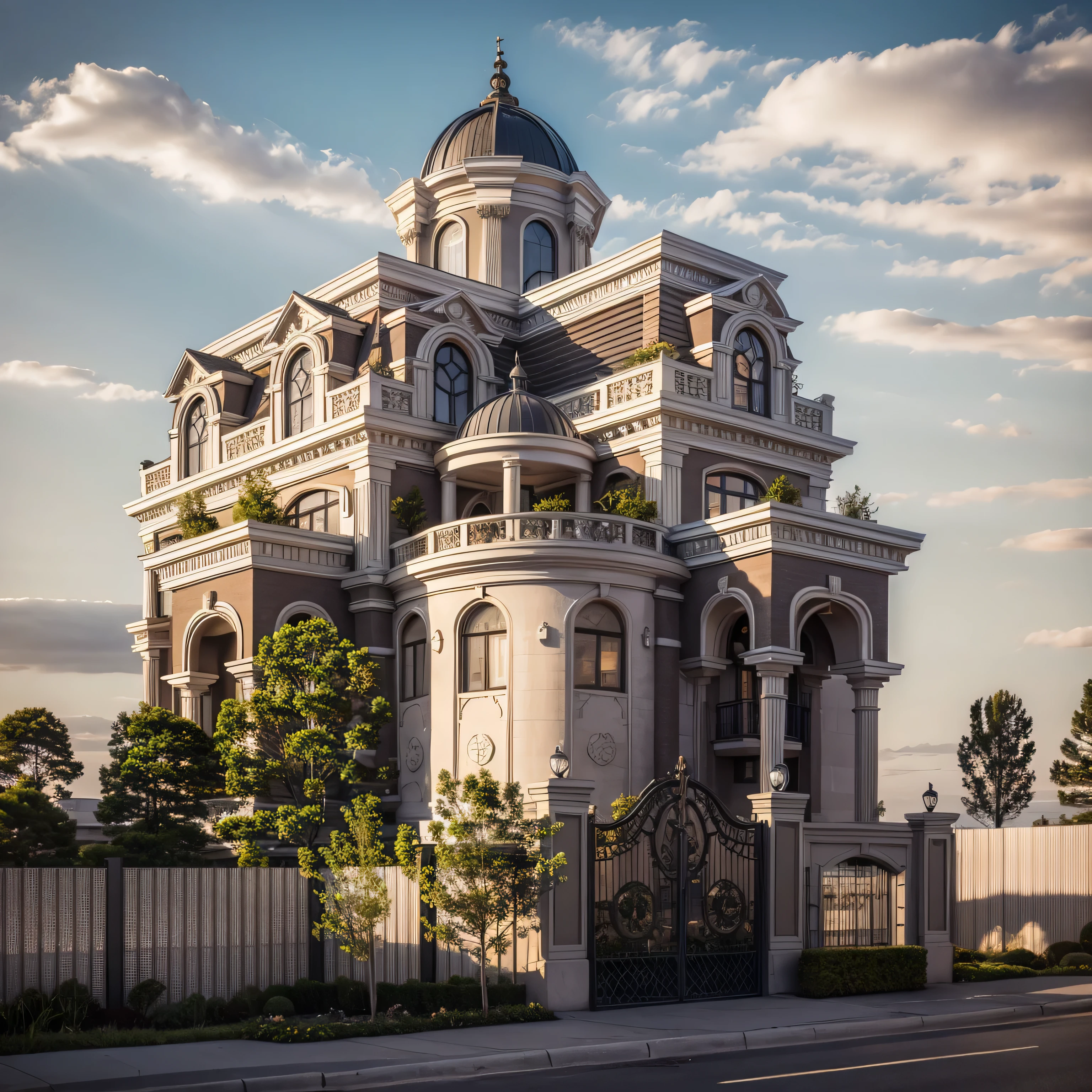 Arafed house with a clock tower and a fence in front of it - SeaArt AI
