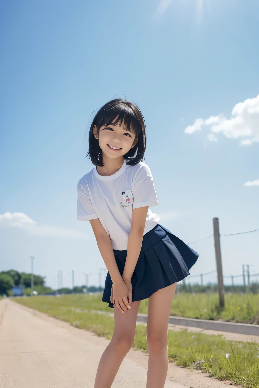 Menina asiática arafada em uma saia e camisa branca em pé em uma estrada - SeaArt AI
