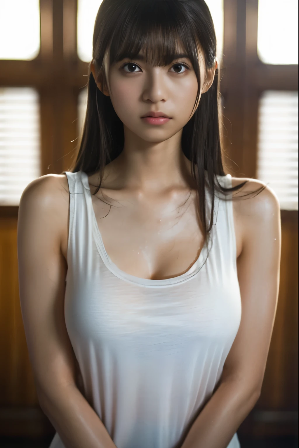 A close up of a woman in a white tank top posing for a picture - SeaArt AI