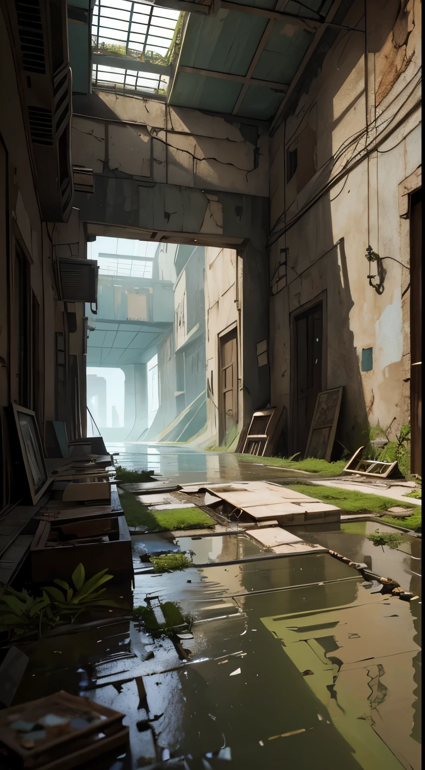 A close up of a building with a pool of water - SeaArt AI