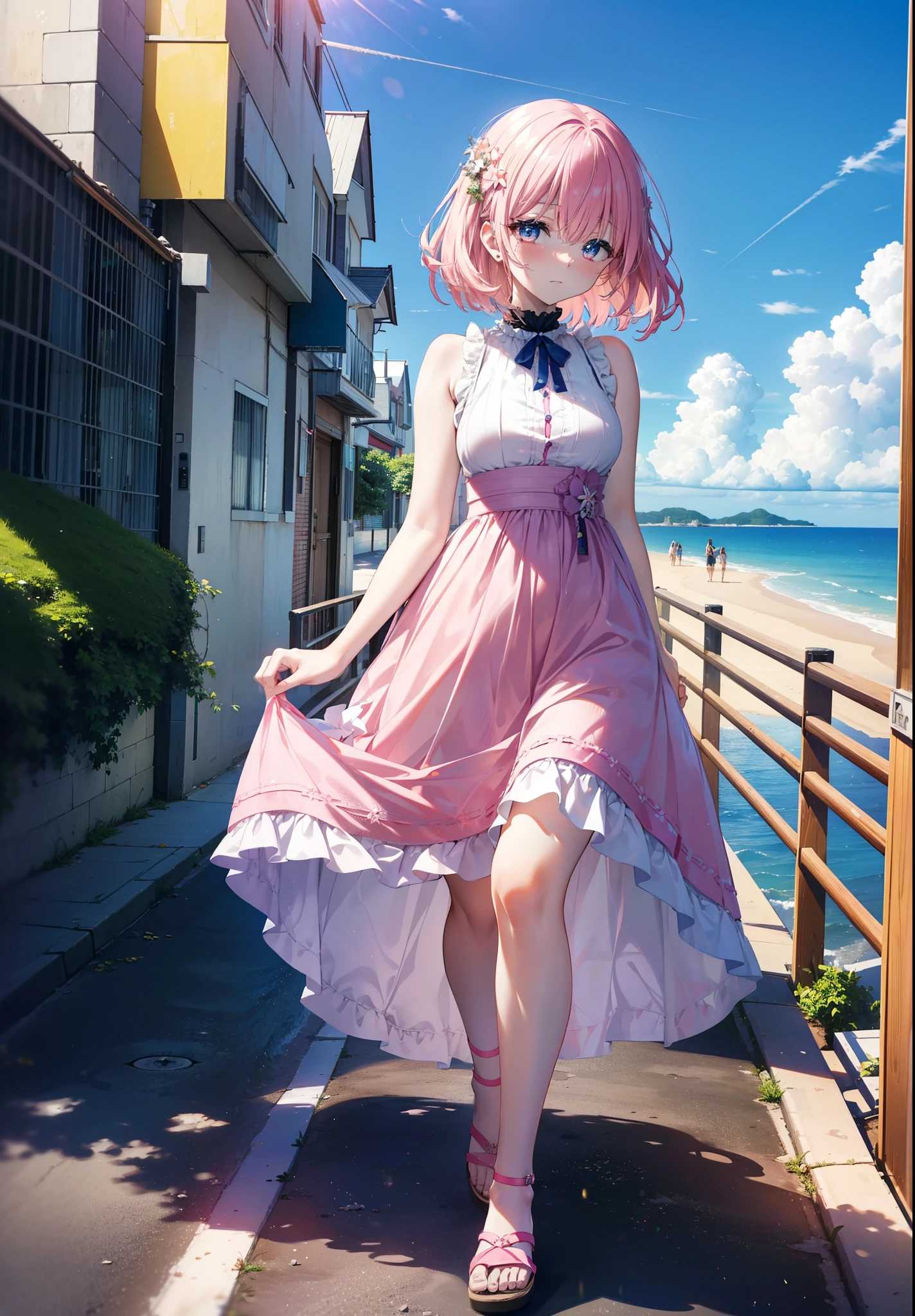 Arafed woman in a pink dress walking down a sidewalk - SeaArt AI