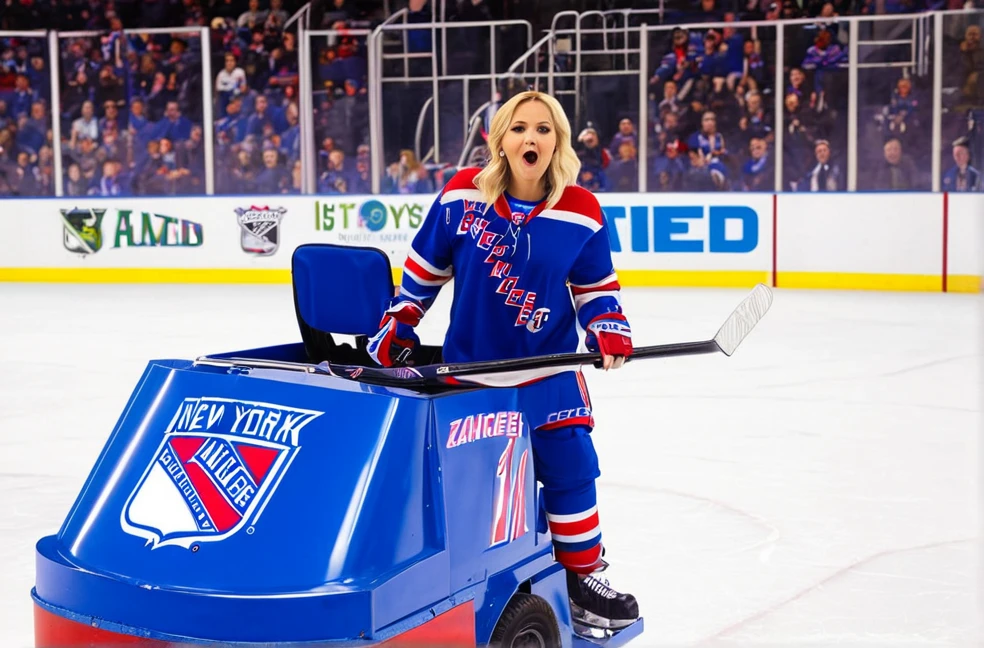 A woman with blonde hair, wearing a New York Rangers jersey - SeaArt AI