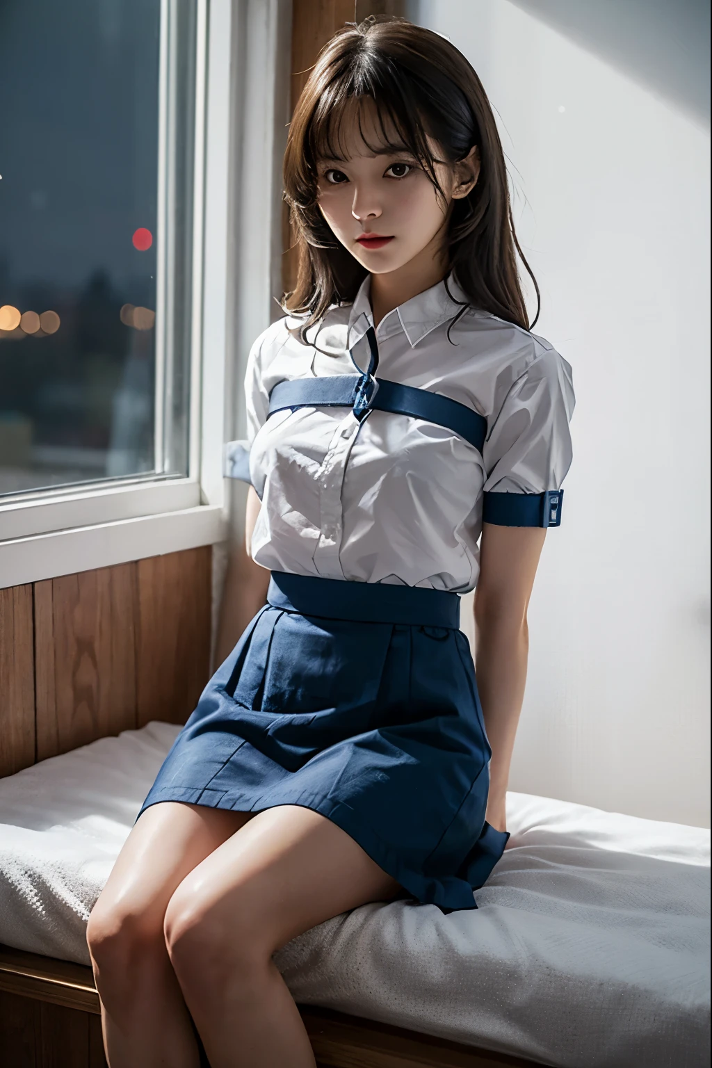 Arafed asian woman sitting on a bed in a short skirt - SeaArt AI