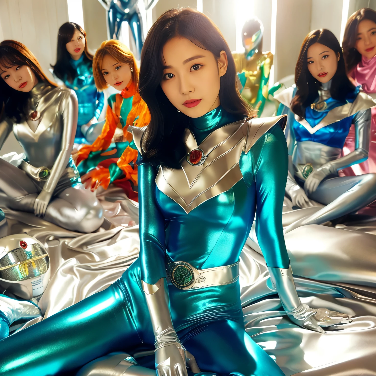 A close up of a person in a shiny suit sitting on a bed - SeaArt AI