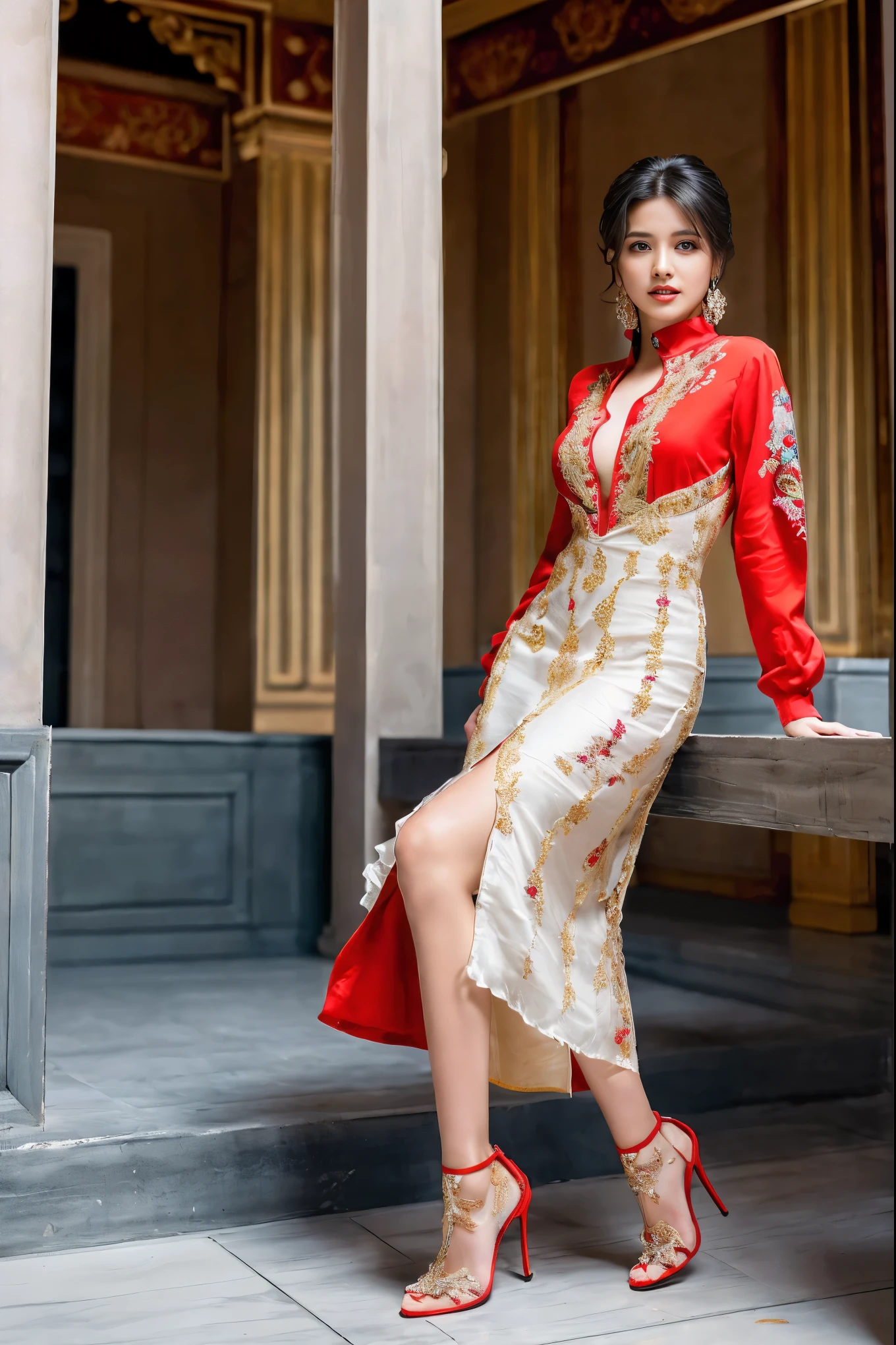 Araffe woman in a red and gold dress posing for a picture - SeaArt AI