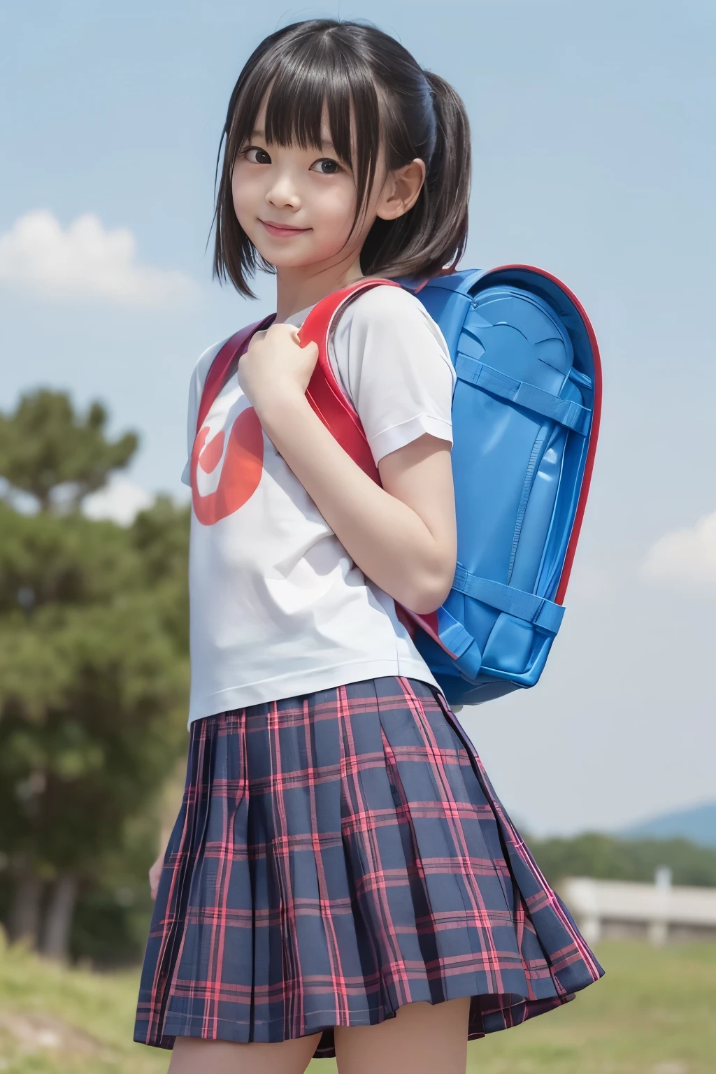 Arafed asian girl in a skirt and a white shirt with a blue backpack - SeaArt AI