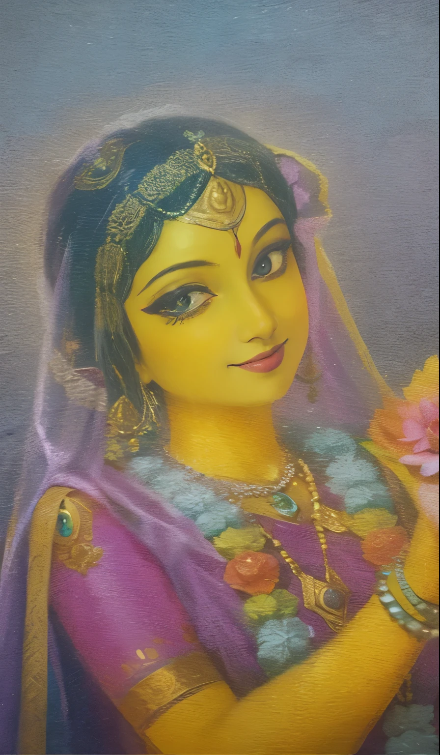 Painting of a woman in a purple sari holding a flower - SeaArt AI