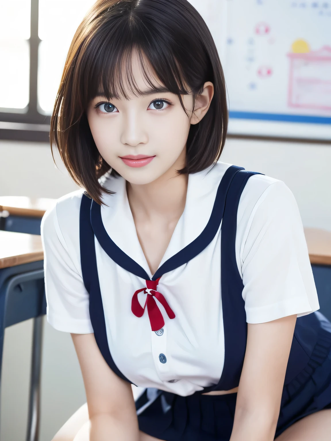 A close up of a woman sitting on a desk in a school uniform - SeaArt AI