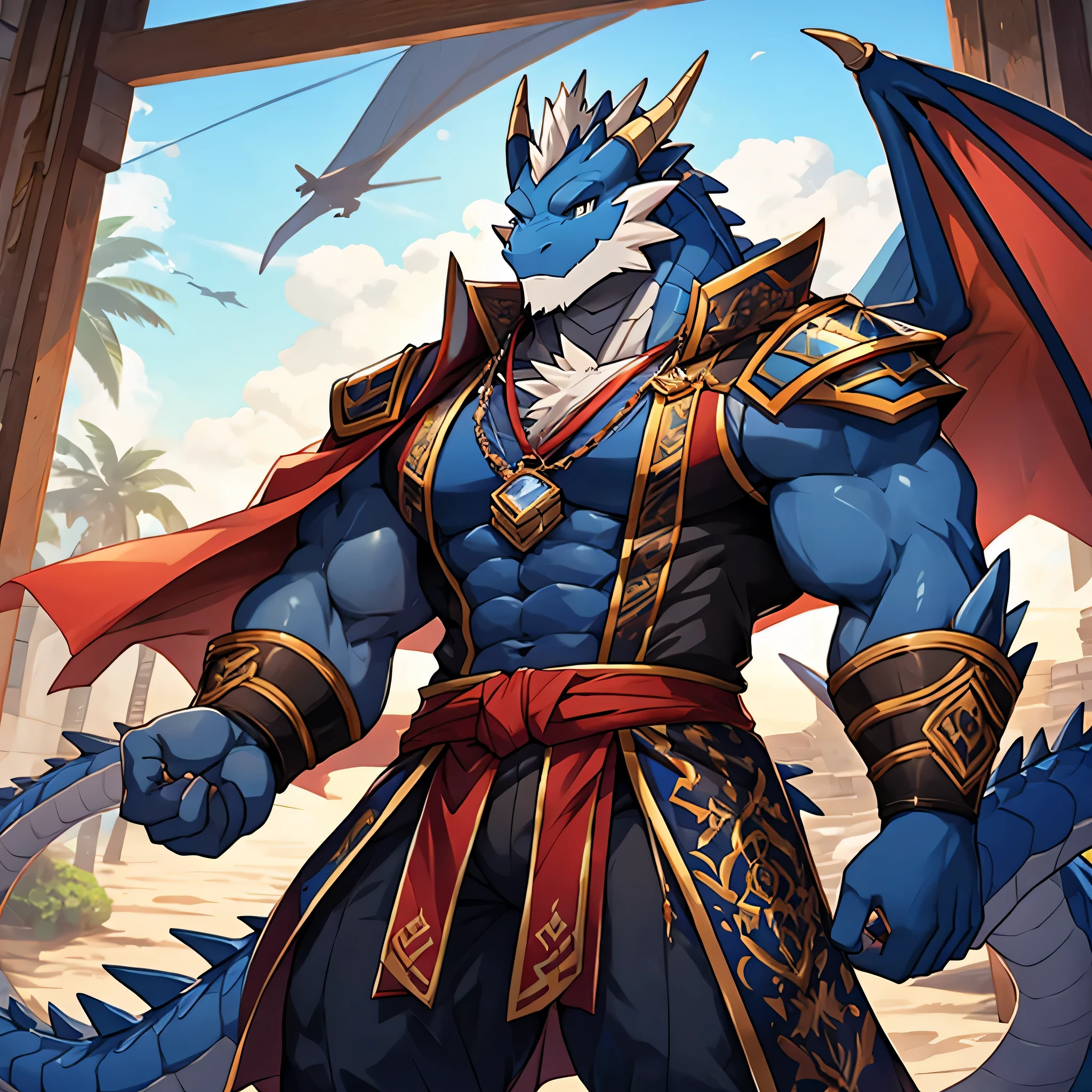 A close up of a blue dragon with a red cape and a sword - SeaArt AI