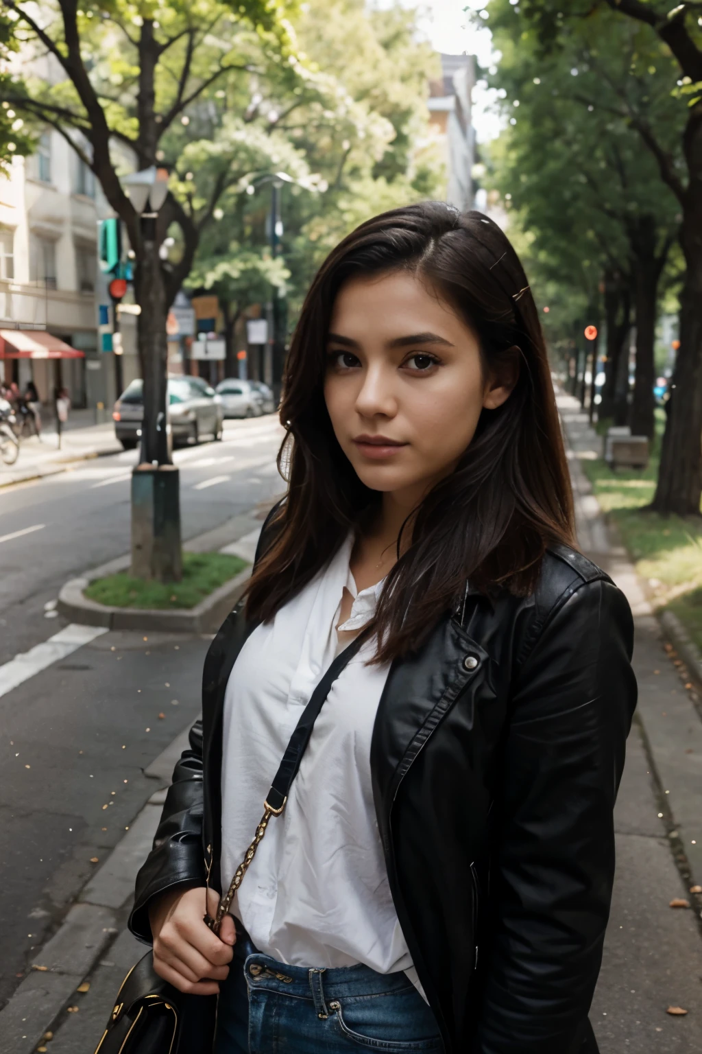 Arafed woman in a white shirt and black jacket standing on a sidewalk - SeaArt AI