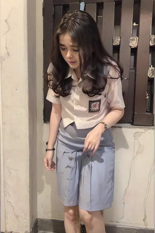 (pp clothes), (realistic), A girl sees the ghost and peed herself - SeaArt AI