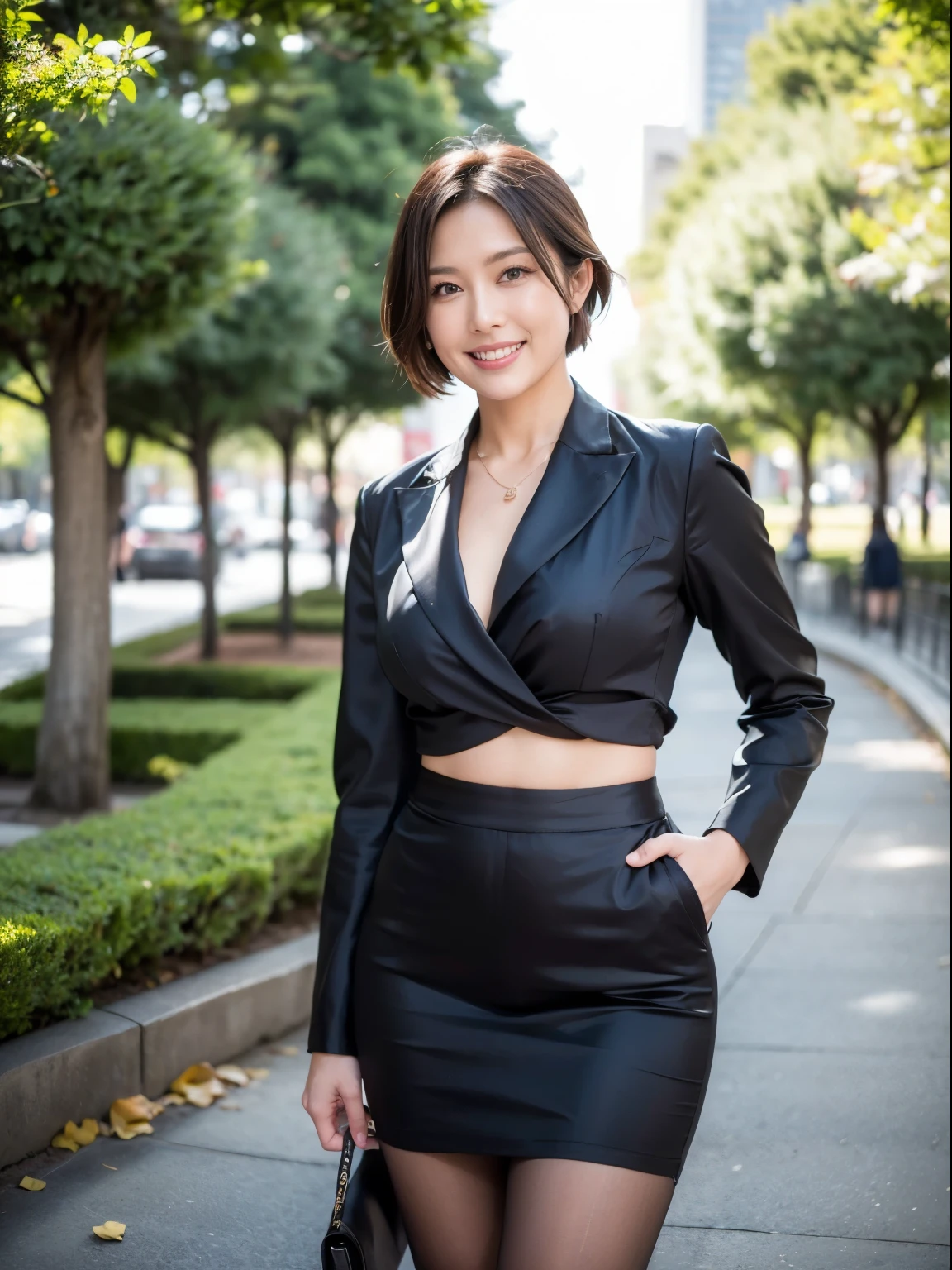Arafed asian woman in a black leather skirt and jacket posing for a picture - SeaArt AI
