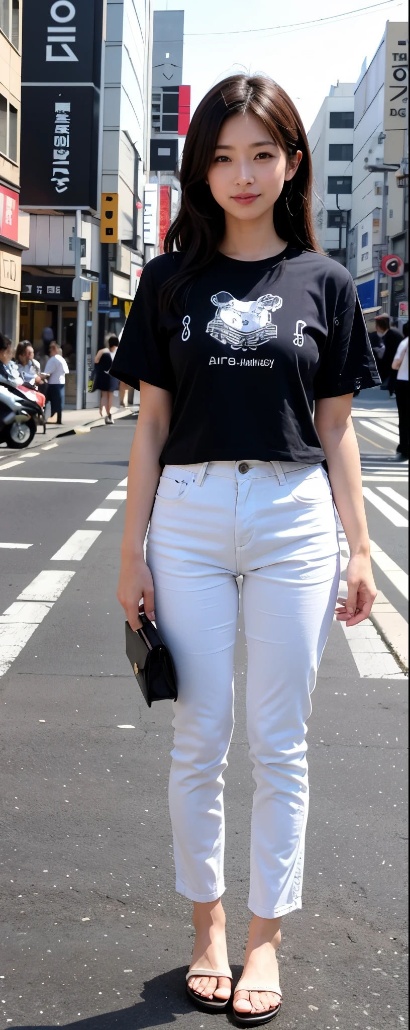Araffe woman in black shirt and white pants standing on street corner - SeaArt AI
