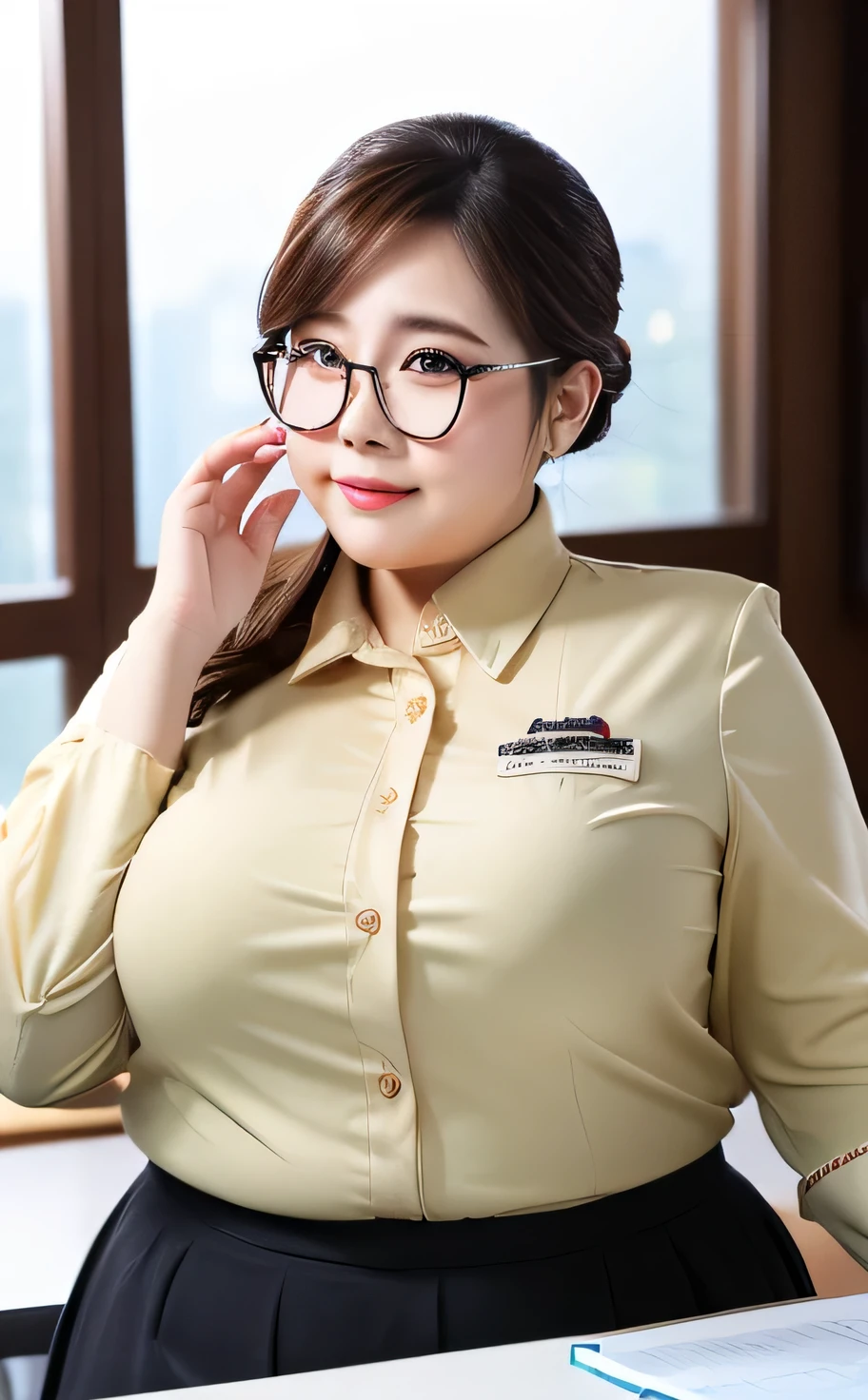 A close up of a woman in glasses sitting at a desk - SeaArt AI