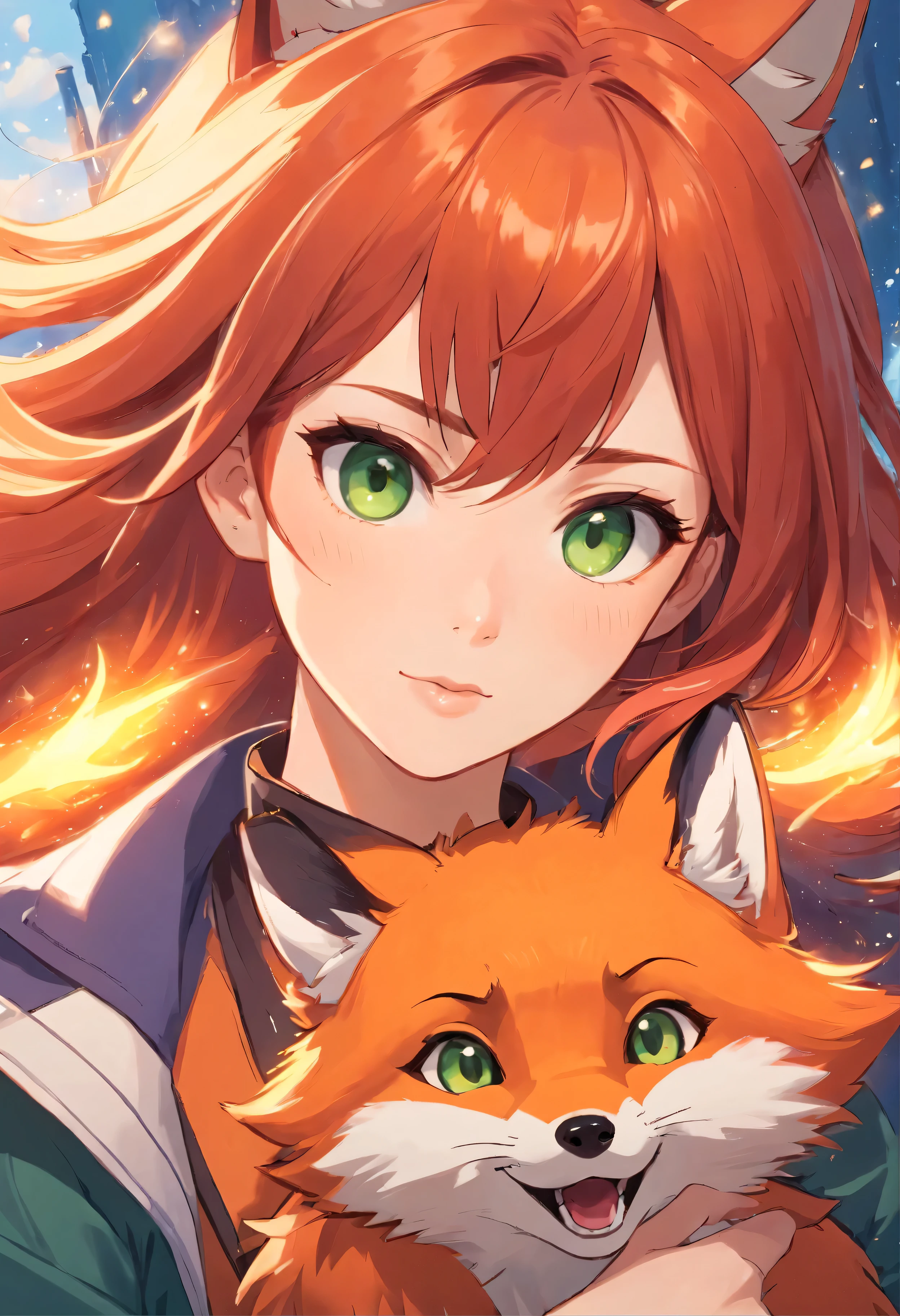 A woman with long red hair holding a fox in her arms - SeaArt AI
