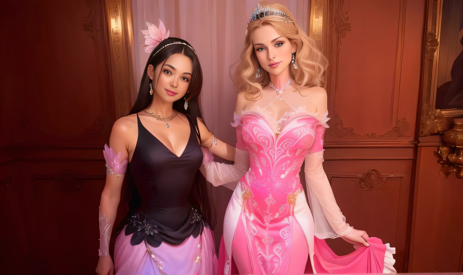 Two women dressed in costumes posing for a photo in a room - SeaArt AI