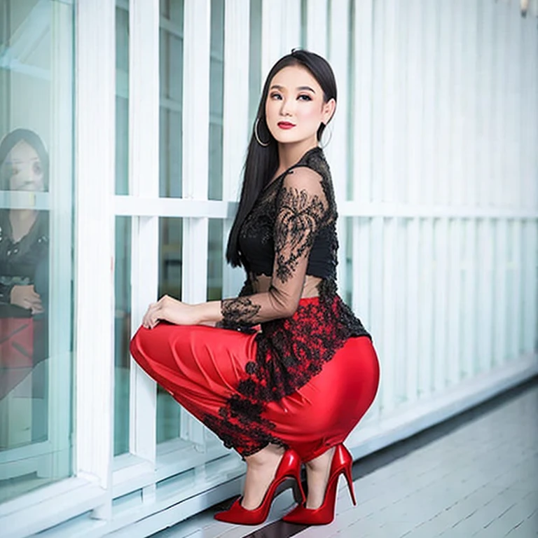 Araffe woman in red dress leaning against a window - SeaArt AI