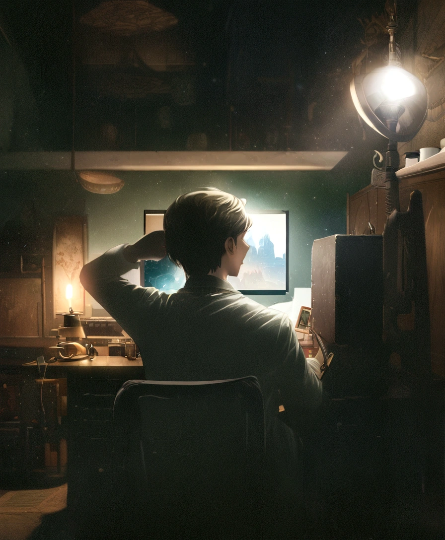 (매우 상세한 CG Unity 8k 벽지), 세상에서 가장 아름다운 예술 작품, 한 남자가 작업실에 앉아 있다 - SeaArt AI