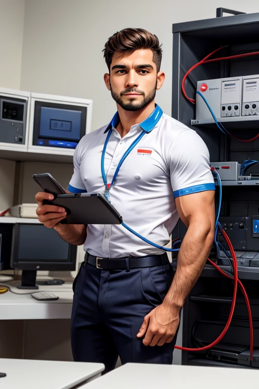 Homem forte, wearing a telecommunications technician's uniform and helmet ne - SeaArt AI