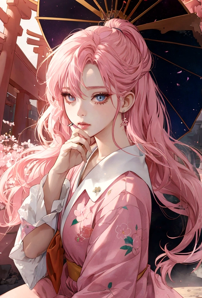 A girl with pink hair holding a drink, manga style by Torii Kiyomasu - SeaArt AI
