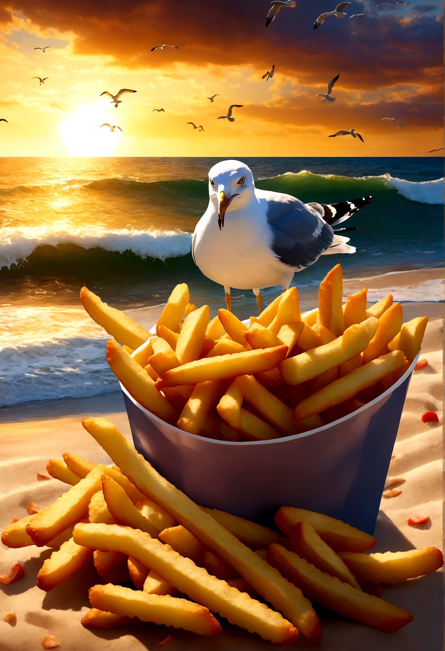 Seagull and Fries, seagull, french fries, beach, sunset, dramatic sky ...
