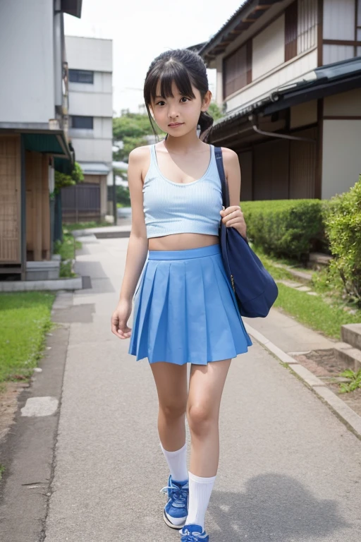 10歳の2人 日本の小学生女子 身長110cm、胸は小さい 平らな胸 ベビーブルーのマイクロミニスカートを履いて学校へ歩いています