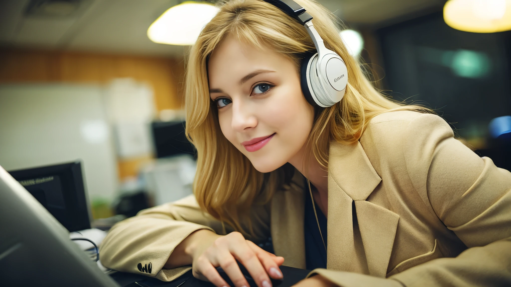 Arafed woman wearing headphones sitting in front of a laptop computer ...