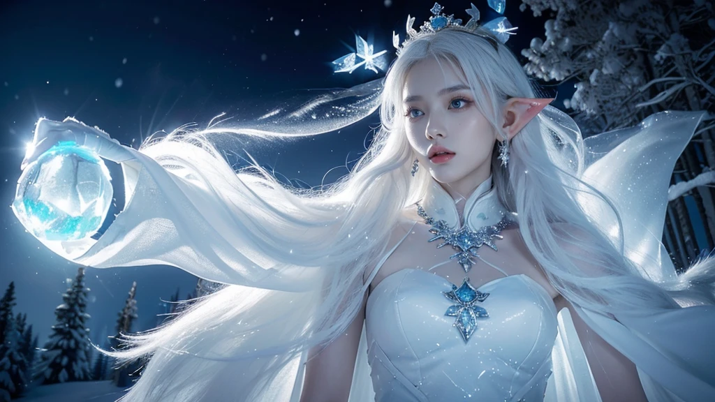 (( Elf girl with long white hair, blue eyes, good shape, long white dress - SeaArt AI