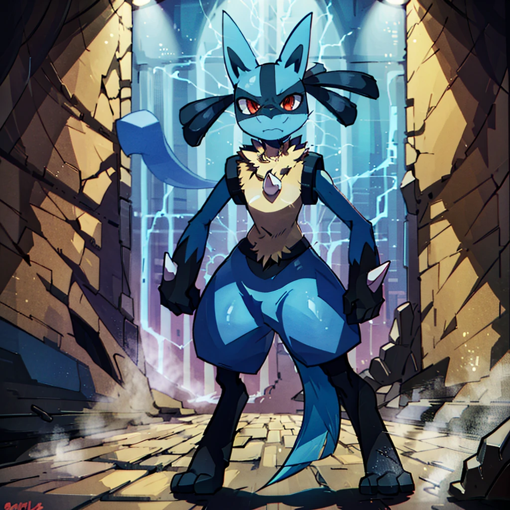 Lucario standing in a yellow wood wall, detailed, red eyes, spikes ...