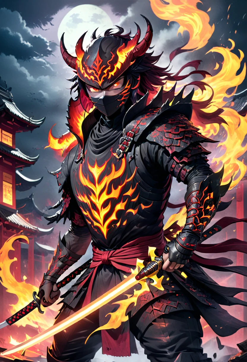 A striking illustration of a demonic ninja wielding a fiery, blood ...