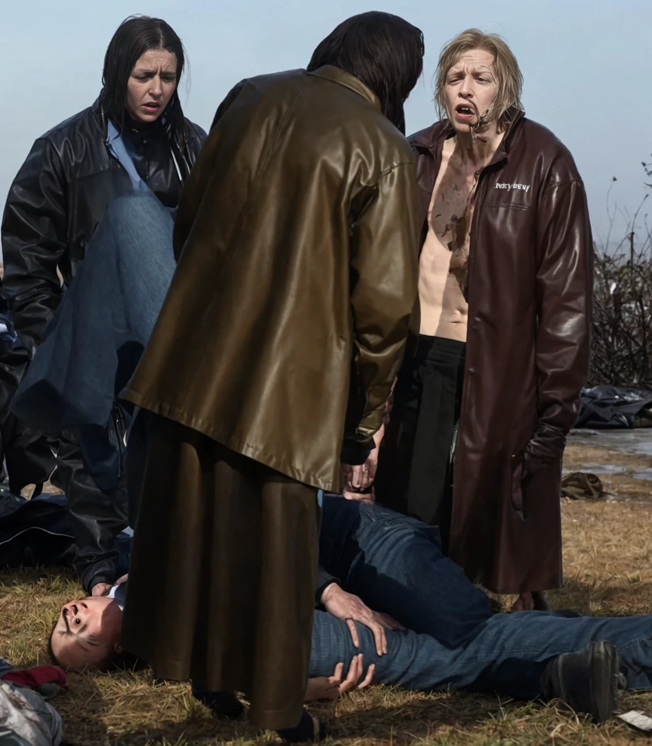 Theatralic first-aid-drama, an outdoor scene in autumn in the ...