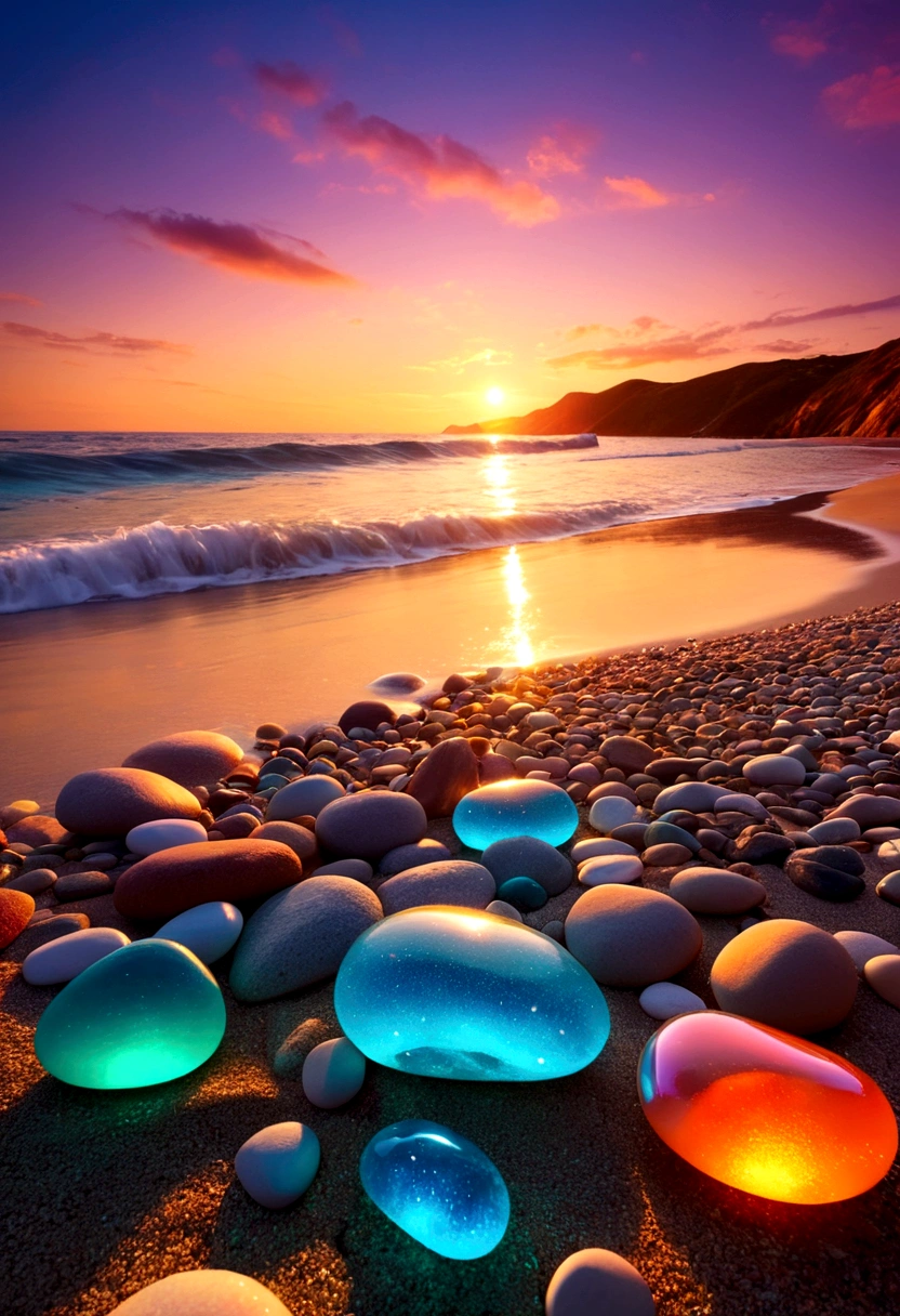 A group of glowing stones sits on the beach by the sea。。, Colorful glow ...