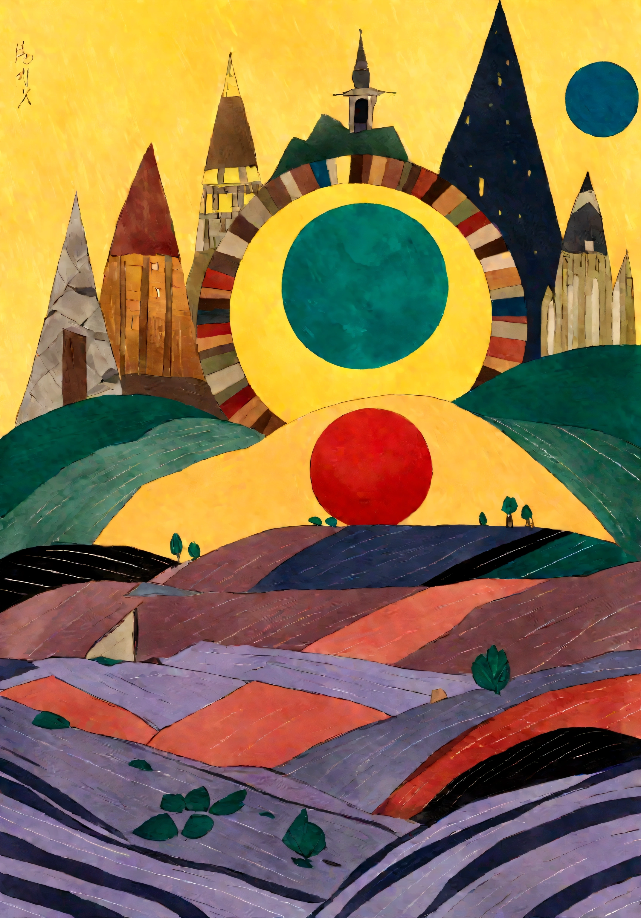 Painting of a colorful landscape with a sun and a church - SeaArt AI