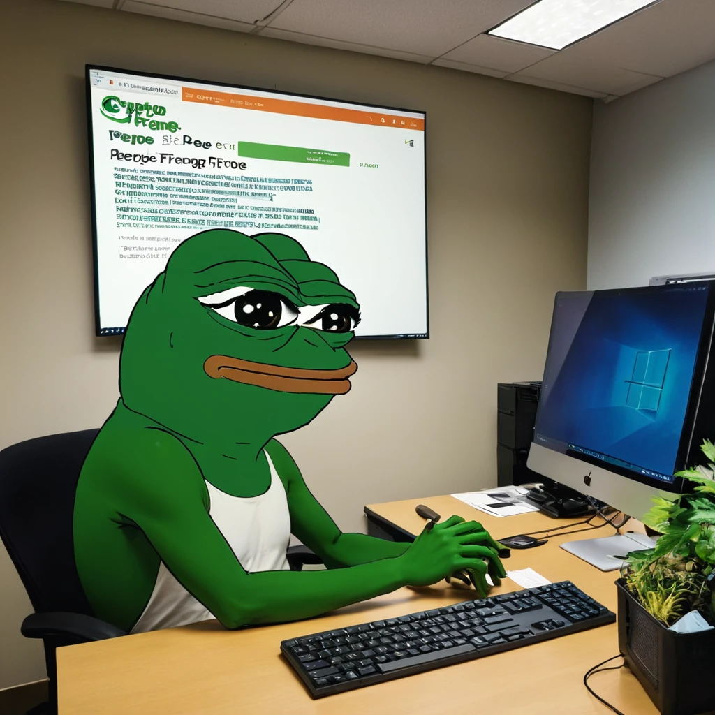 In the office working on the computer, building a website crypto ...