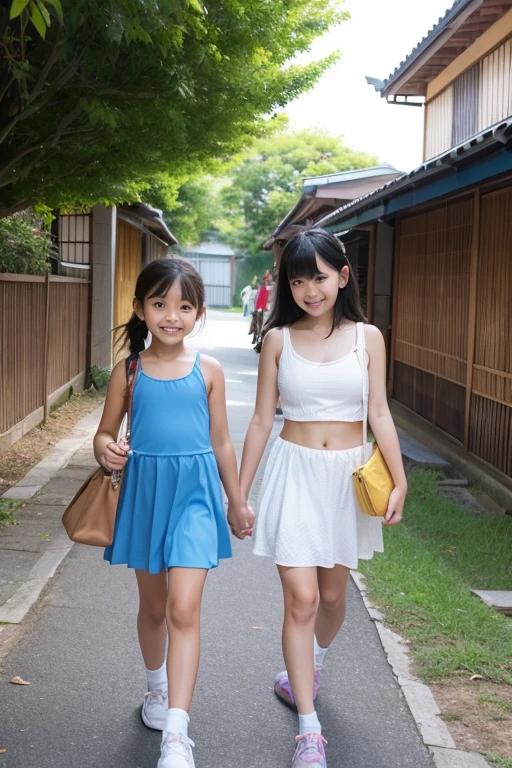 8歳の日本人小学生の女の子2人 身長110cmで超爆乳 超巨大な胸 ベビーブルーのマイクロを着て学校へ歩いている Seaart Ai