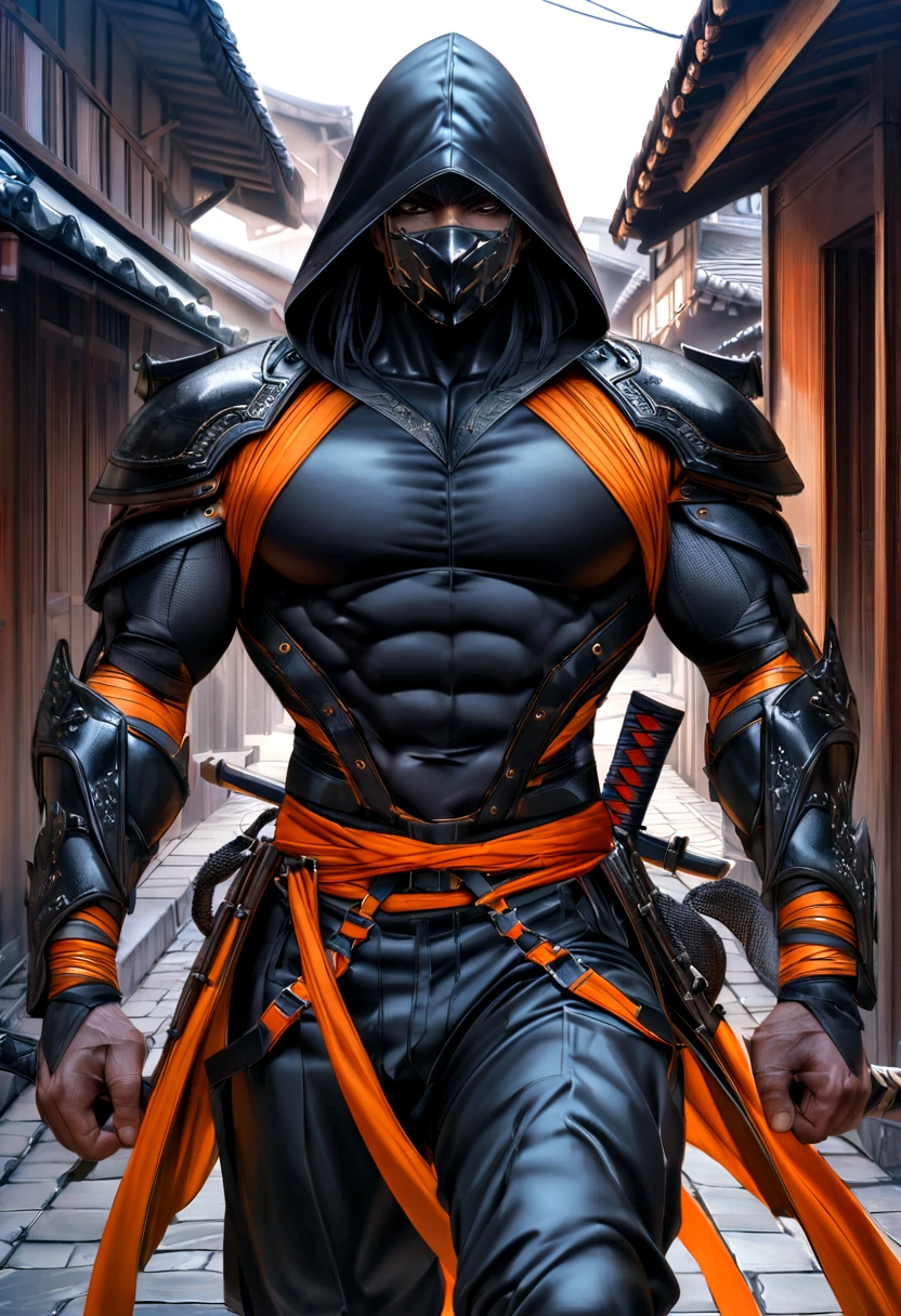 Dark Ninja Face with Black Eyes, tall and muscular male with short jet ...
