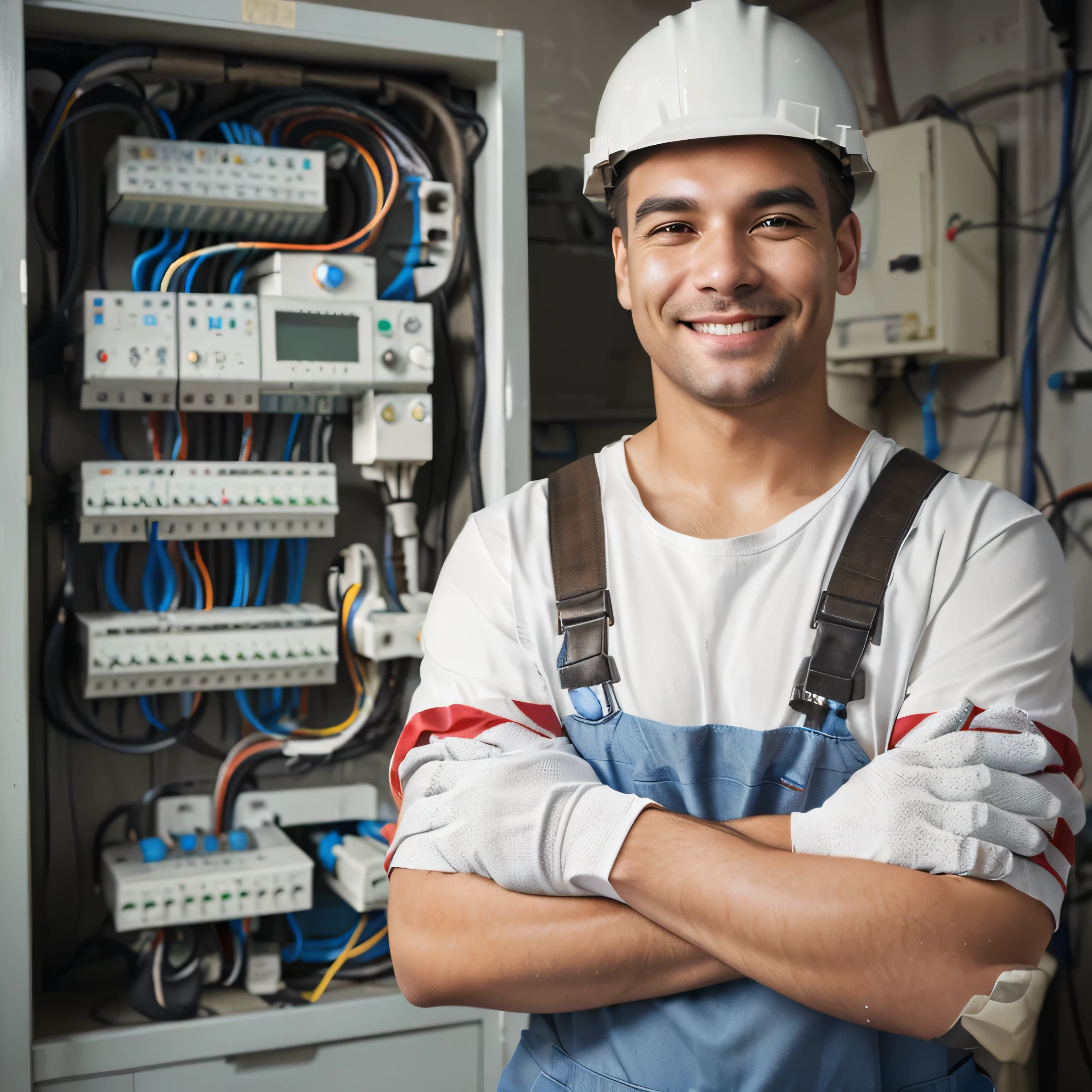 Arafed man in a hard hat and overalls standing in front of a panel of ...