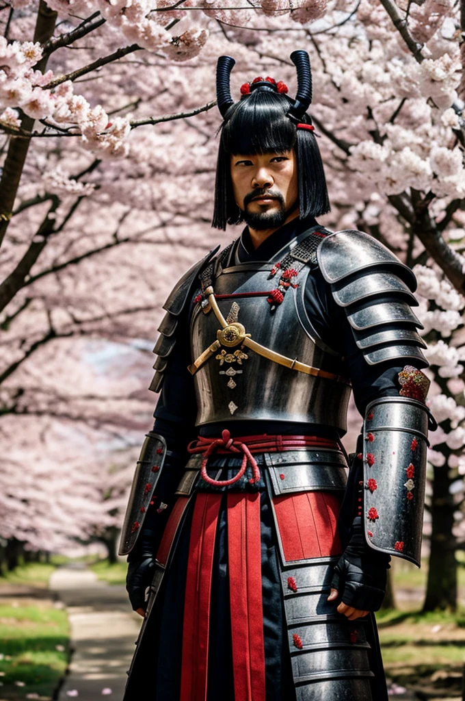 Samurai with oni armor among cherry blossoms - SeaArt AI