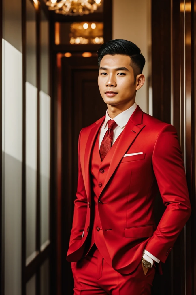 Rich and handsome Thai man in all-red suit - SeaArt AI