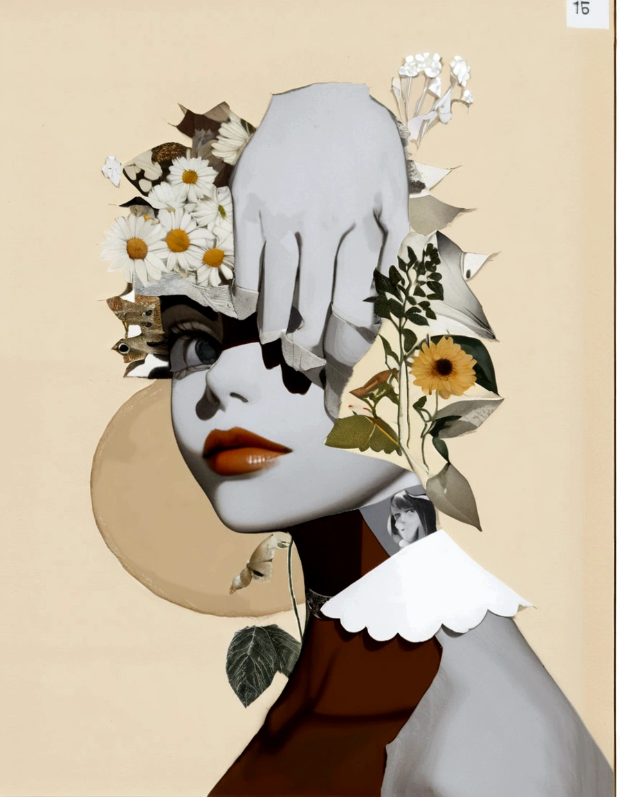 There is a woman with a flower crown on her head, collage art - SeaArt AI