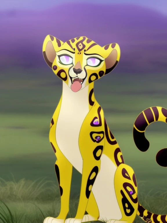 Fuli character, feral, cheetah, hypnotized with glowing purple eyes ...